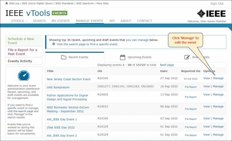 Managing Events – IEEE vTools Knowledgebase