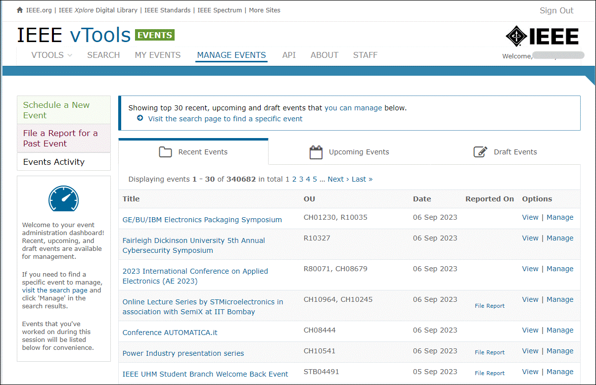 My Events and Manage Events – What’s the Difference? – IEEE vTools Knowledgebase