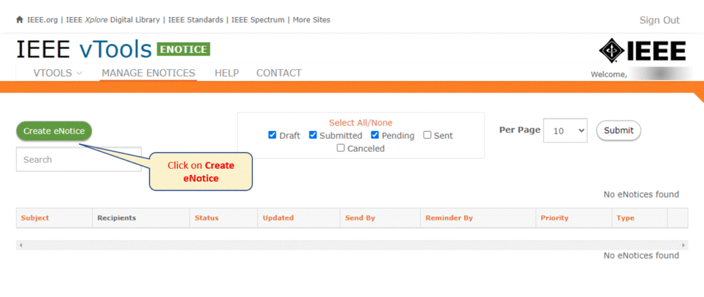 Creating an eNotice – IEEE vTools Knowledgebase