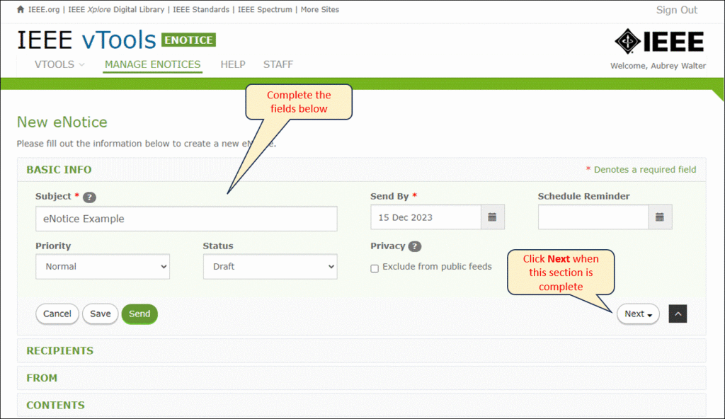 Creating an eNotice – IEEE vTools Knowledgebase