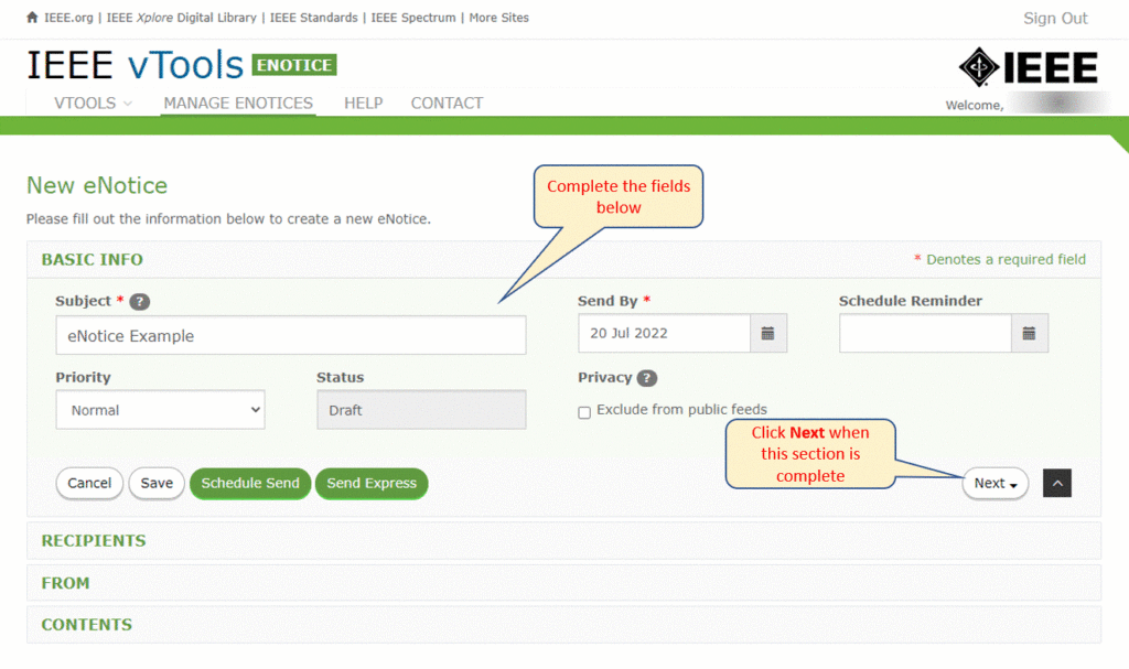 Creating an eNotice – IEEE vTools Knowledgebase