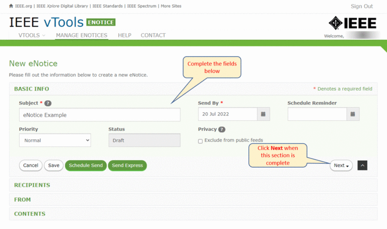 Creating an eNotice – IEEE vTools Knowledgebase