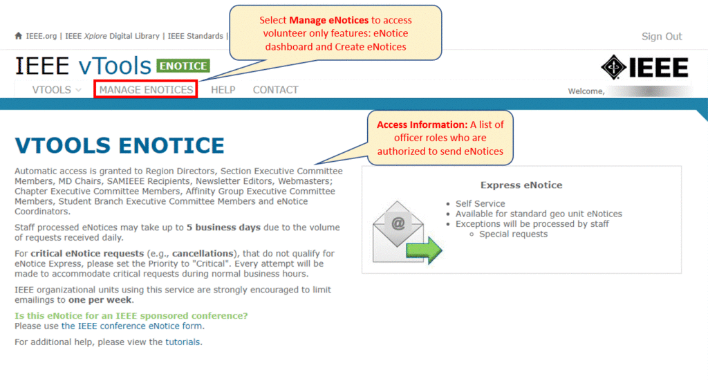 Managing eNotices Using the eNotice Dashboard – IEEE vTools Knowledgebase