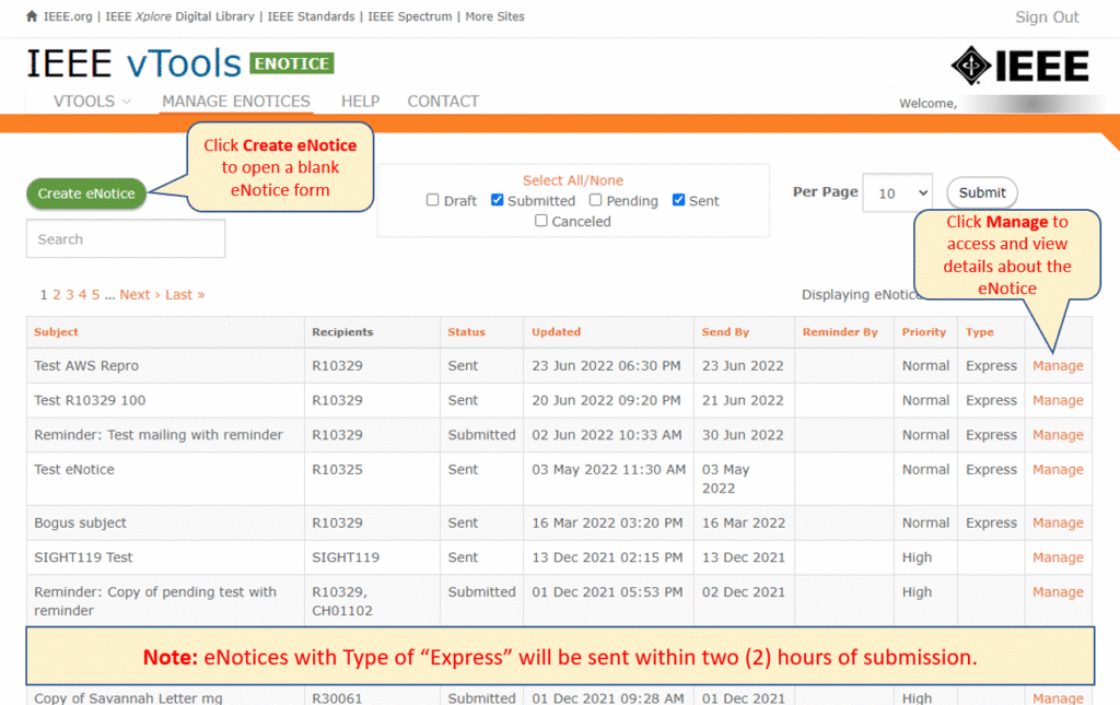 Managing eNotices Using the eNotice Dashboard – IEEE vTools Knowledgebase