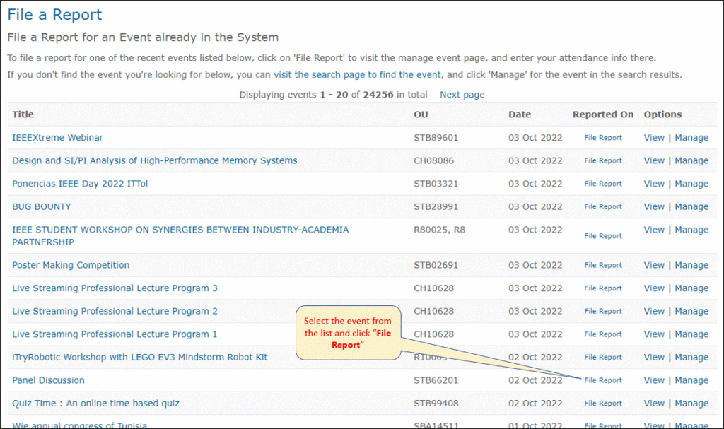 File a report for a past event already in the system – IEEE vTools Knowledgebase